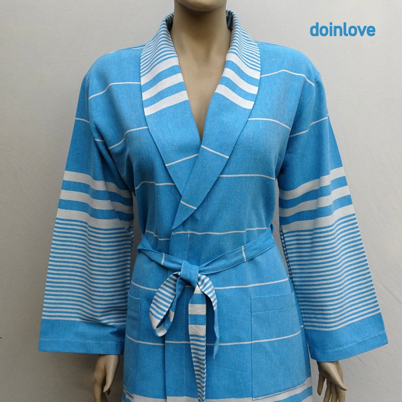 Turquoise Blue Turkish Soft Cotton Lightweight Shawl Collar Bathrobe ...