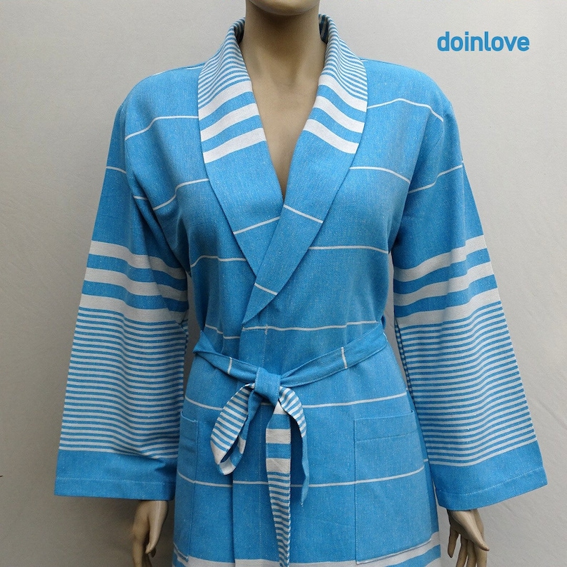 Turquoise Blue Turkish Soft Cotton Lightweight Shawl Collar Bathrobe ...