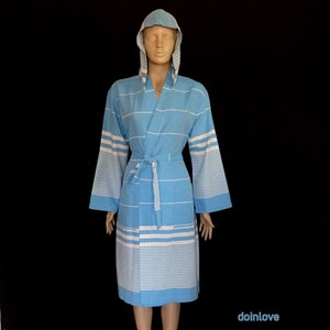 Turkish Soft Cotton Turquoise Blue Lightweight Hooded Bathrobe ...