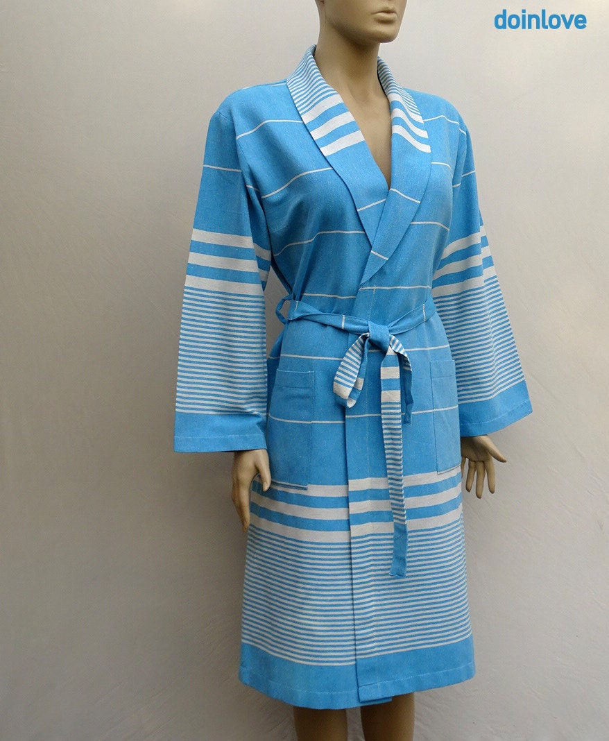 Turquoise Blue Turkish Soft Cotton Lightweight Shawl Collar Bathrobe ...