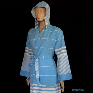 Turkish Soft Cotton Turquoise Blue Lightweight Hooded Bathrobe ...