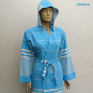Turkish Soft Cotton Turquoise Blue Lightweight Hooded Bathrobe ...