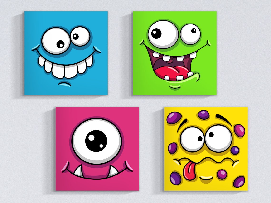 Kids Printable Wall Art, Set of 4 Small Monster Wall Decorations for ...