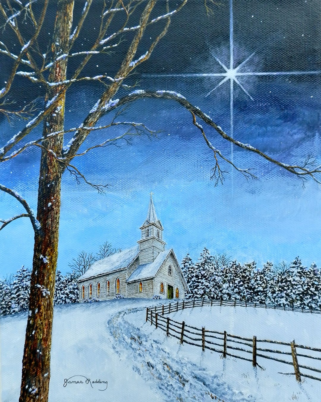 Night Sky Painting - Christmas Painting - White Church Painting - Snow ...