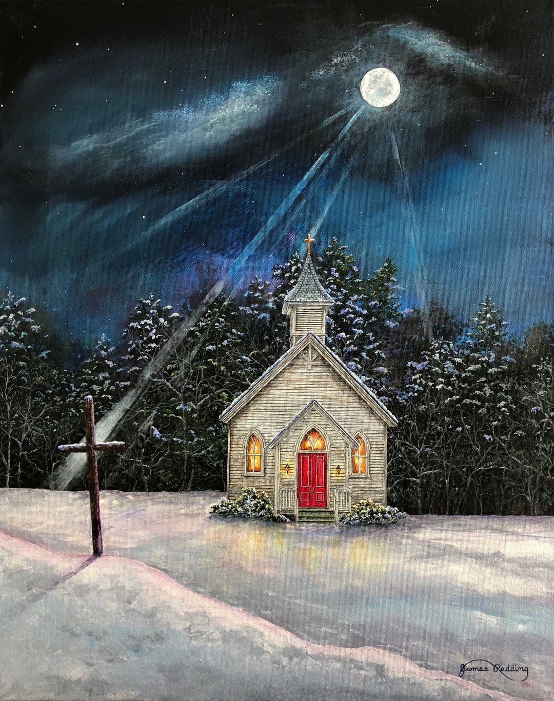 Church Painting - Snow Scene Print - Winter Landscape - Winter Night ...