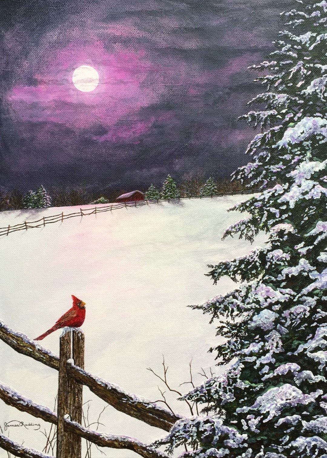 Night Sky Painting - Moon Painting - Winter Landscape - Cardinal Print ...