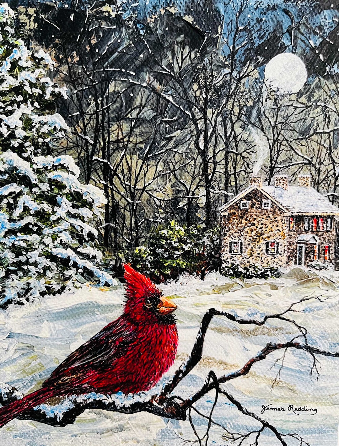 Red Bird Painting - Winter Cardinal - Moonlight Painting - Snow Scene ...