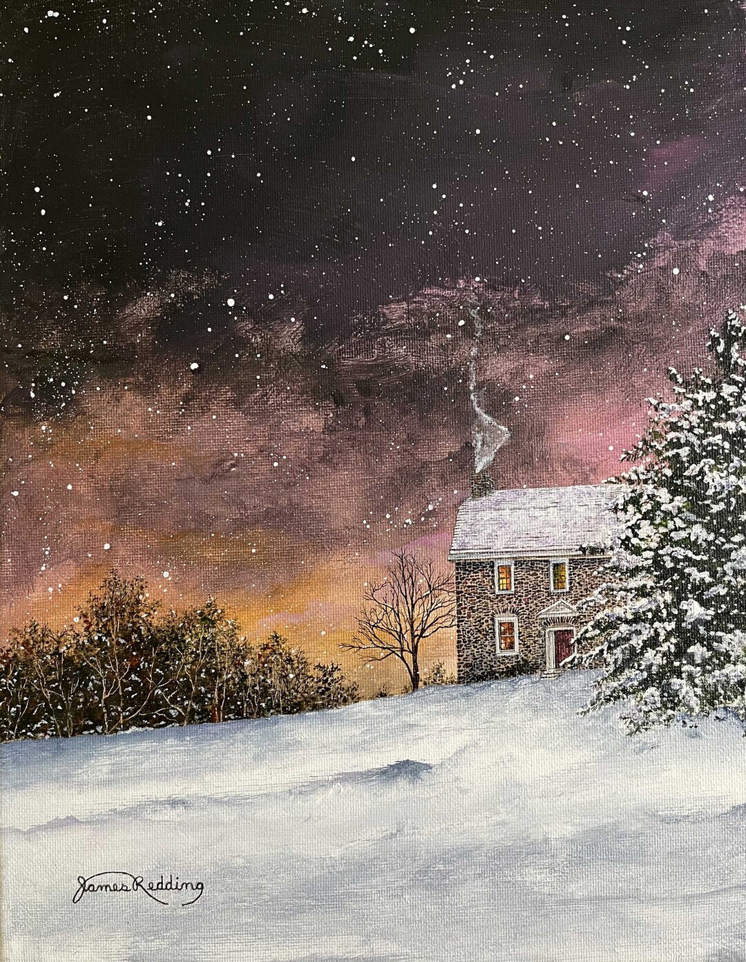Snowy Art Print - Winter Landscape - Sunset Art Print - Snow Painting ...