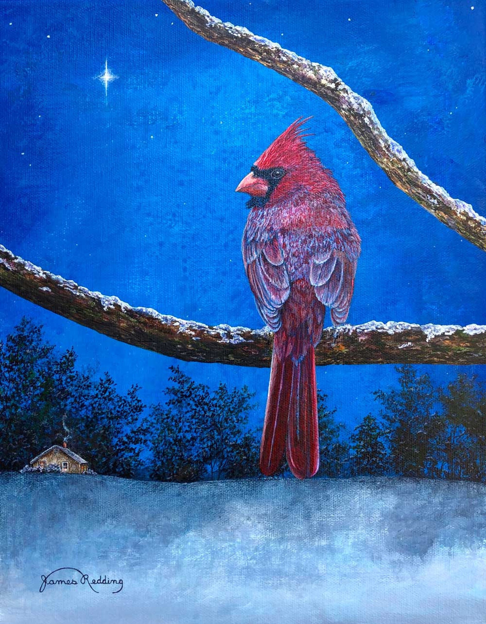 Red Cardinal - Small Original - Winter Landscape - Night Sky Painting ...