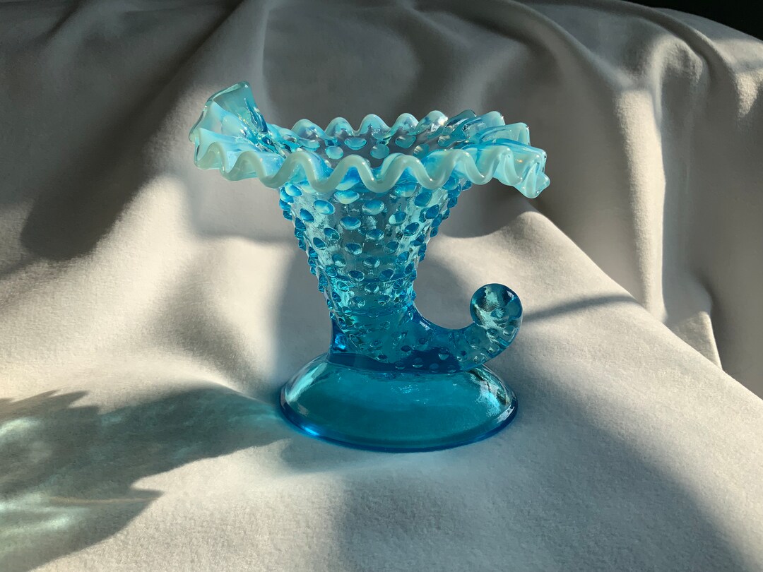 Fenton Cornucopia Hobnail Opalescent Candleholder Blue Crimped Ruffles ...