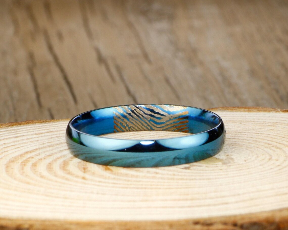 Your Actual Finger Print Rings, WEDDING RING - Blue Titanium Rings 4mm ...