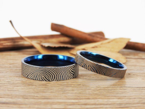 Custom Fingerprint Rings Couple Matching Ring Unique Blue - Etsy