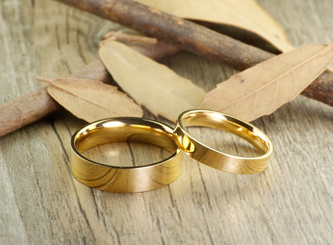 Handmade Gold Flat Plain Matching Wedding Bands, Couple Rings Set ...