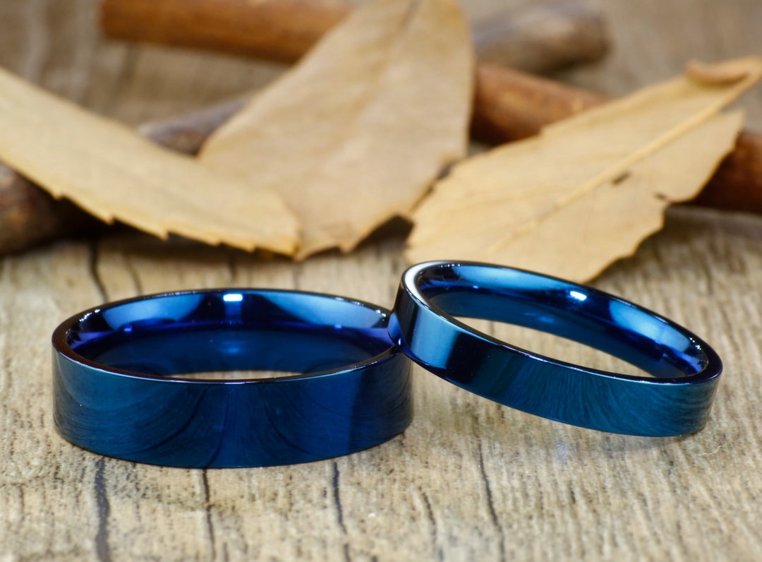 Handmade Blue Flat Plain Wedding Bands Titanium Ring Set - Etsy