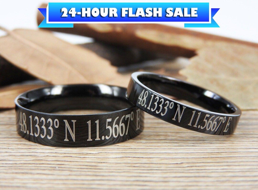Custom Coordinate Jewelry Black Flat Engraved Titanium Rings Set ...