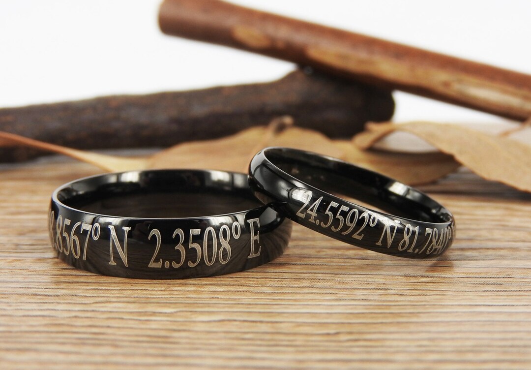 Custom Coordinate Jewelry - Engraved Titanium Rings Set - Coordinates ...