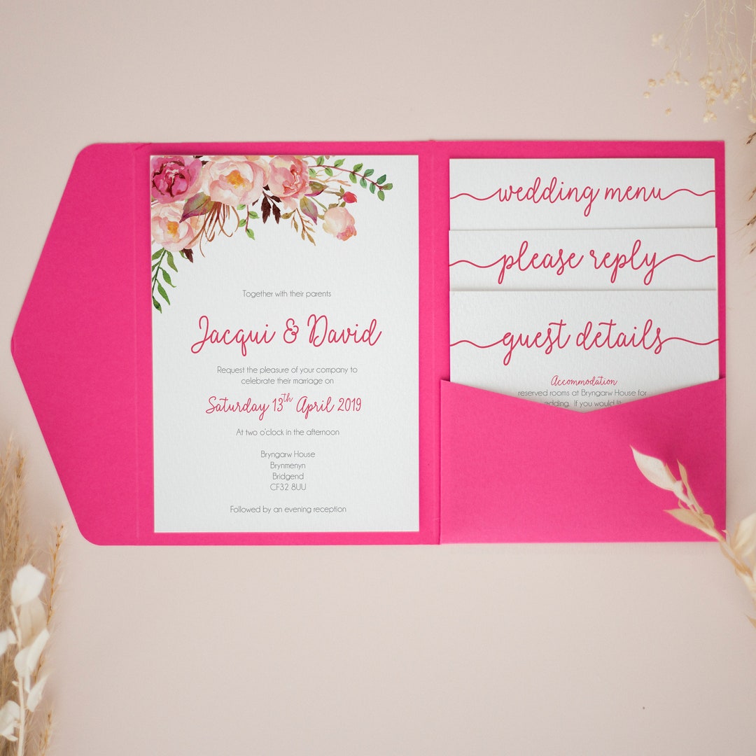 Hot Pink Pocketfold Wedding Invitation, Personalised Pocketfold ...