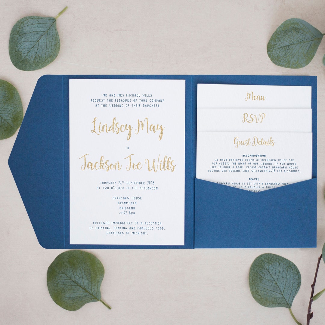 Navy & Gold Wedding Invitation, Personalised Pocketfold Invitations ...