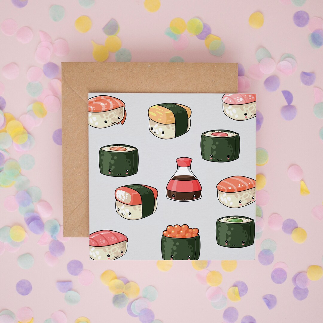 Kawaii Sushi Card, Cute Sushi Card, Sushi Lover Cards, Greeting Cards ...