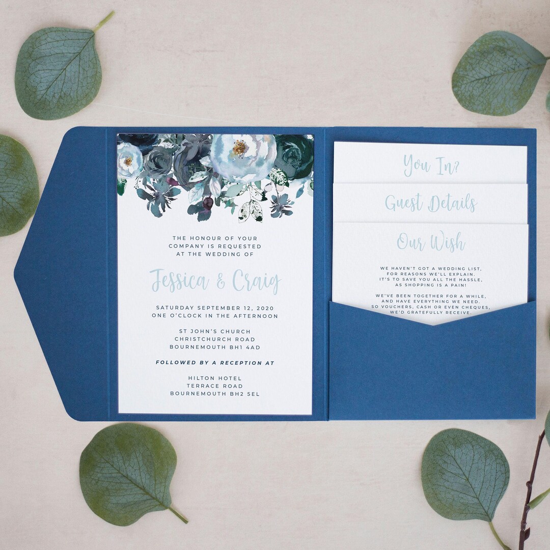 Navy & Dusty Blue Pocketfold Invitation, Personalised Pocketfold ...