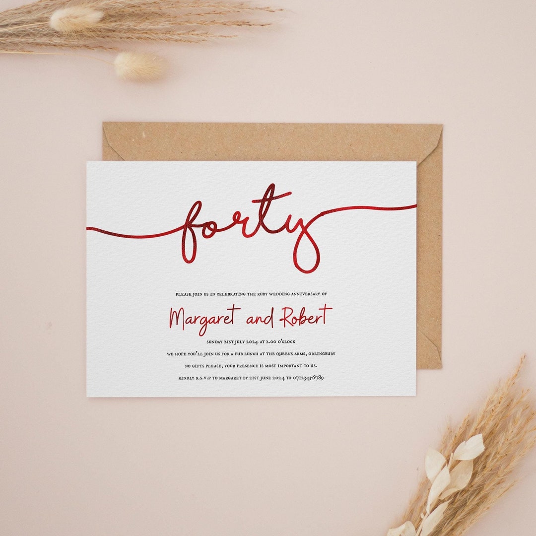 Ruby Wedding Anniversary Party Invitation, 40th Wedding Anniversary ...