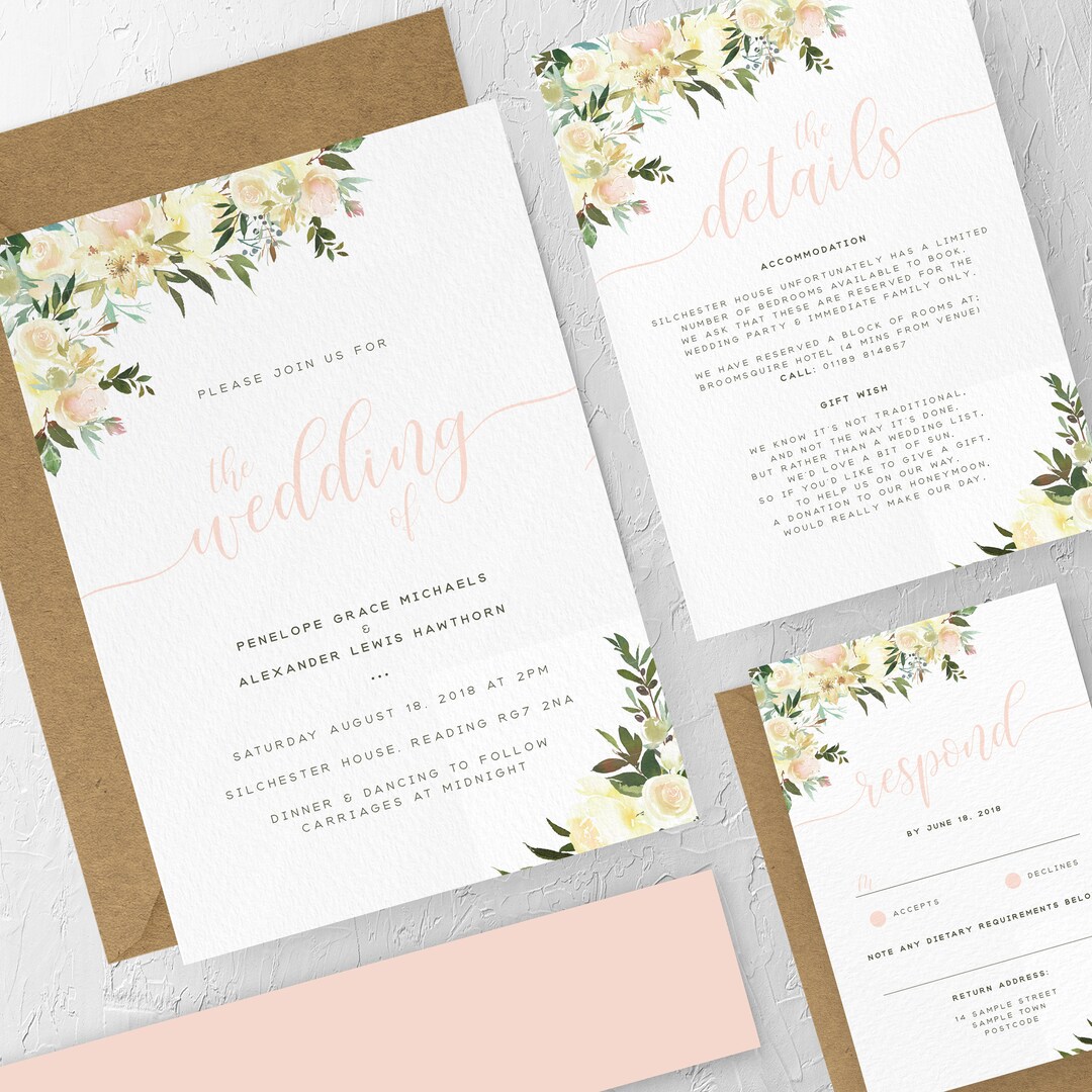 Ivory & Blush Florals, Wedding Invitation Bundles, Invitation Sets ...