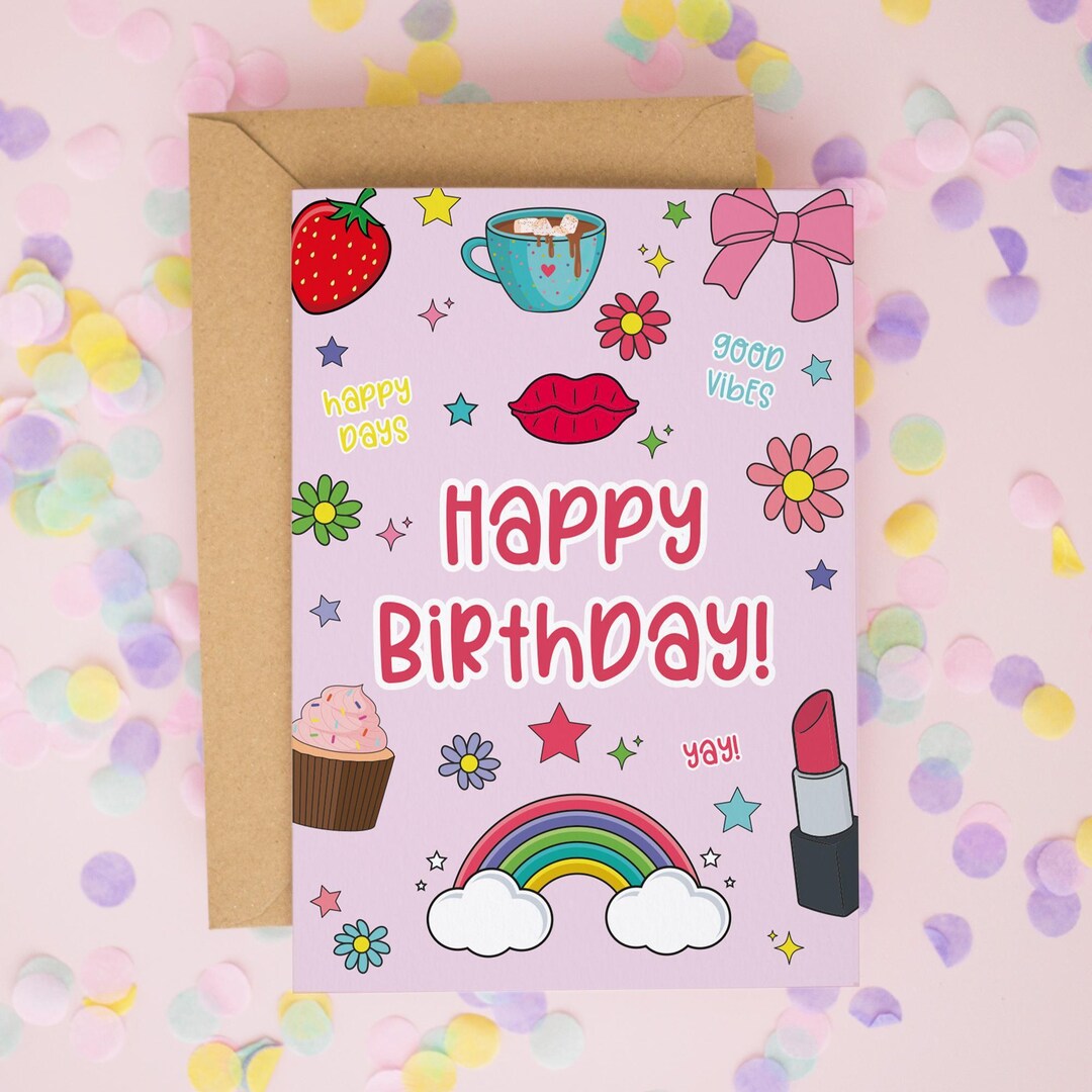 Cute Teen Girl Birthday Card, Gen Z Birthday Card, Pastel Rainbow ...