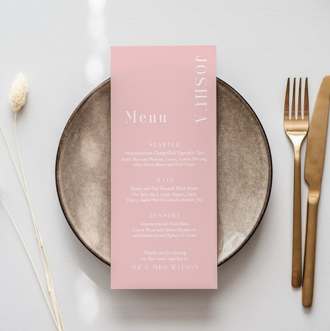 Personalised Blush Wedding Table Menu, Wedding Place Cards, Modern ...