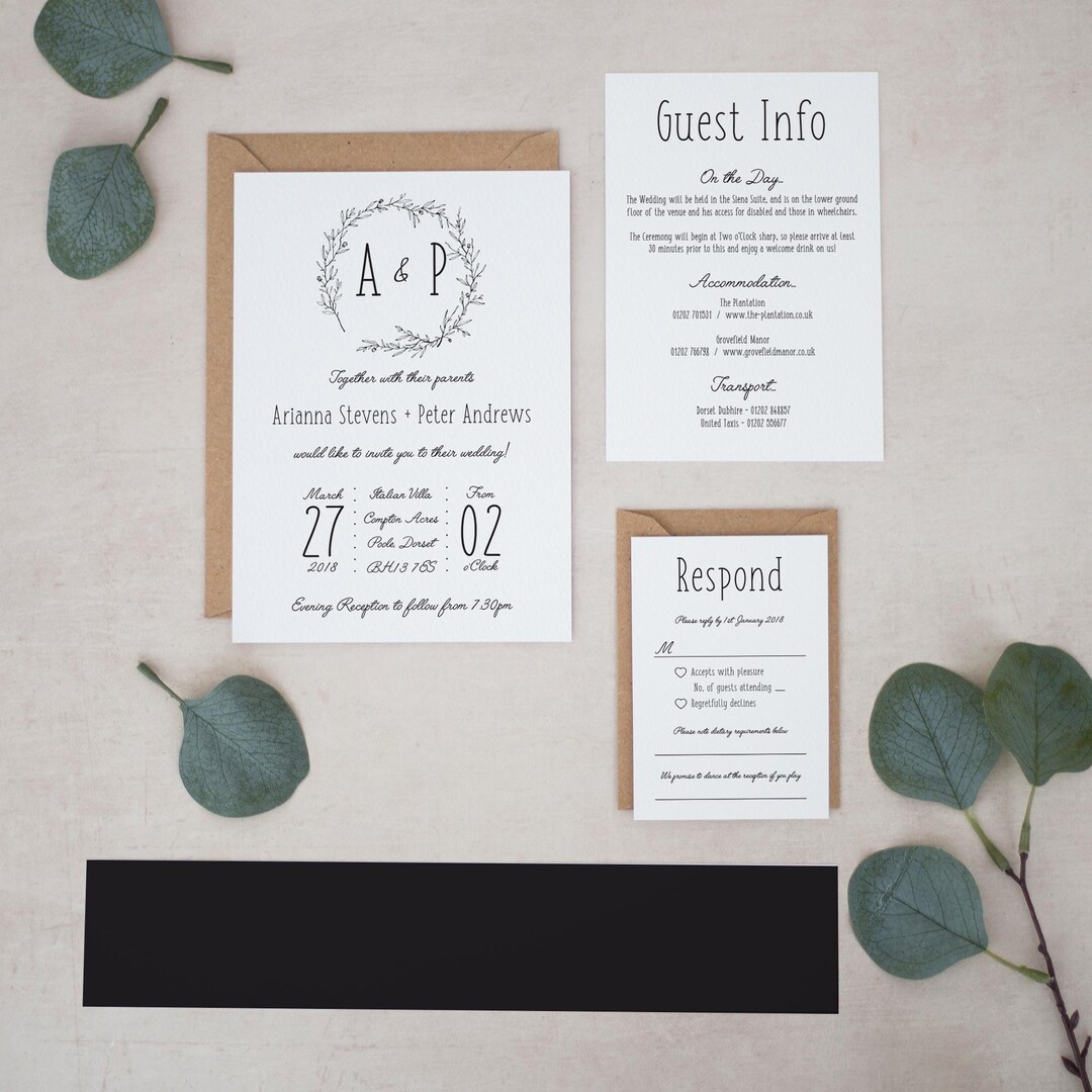 Personalised Wedding Invitation Bundle, Monochrome Invitation, Rustic ...
