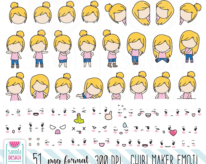 CHIBI MAKER EMOJI, Blond Girl, Clipart, Chibi Girl, Personal and ...