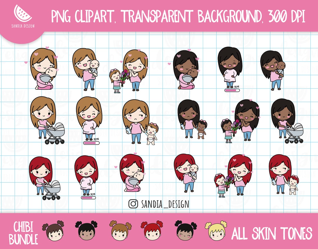 Chibi, Mom Life, Chibi Mom, Mom With a Girl, Girls Bundle Clipart, All ...
