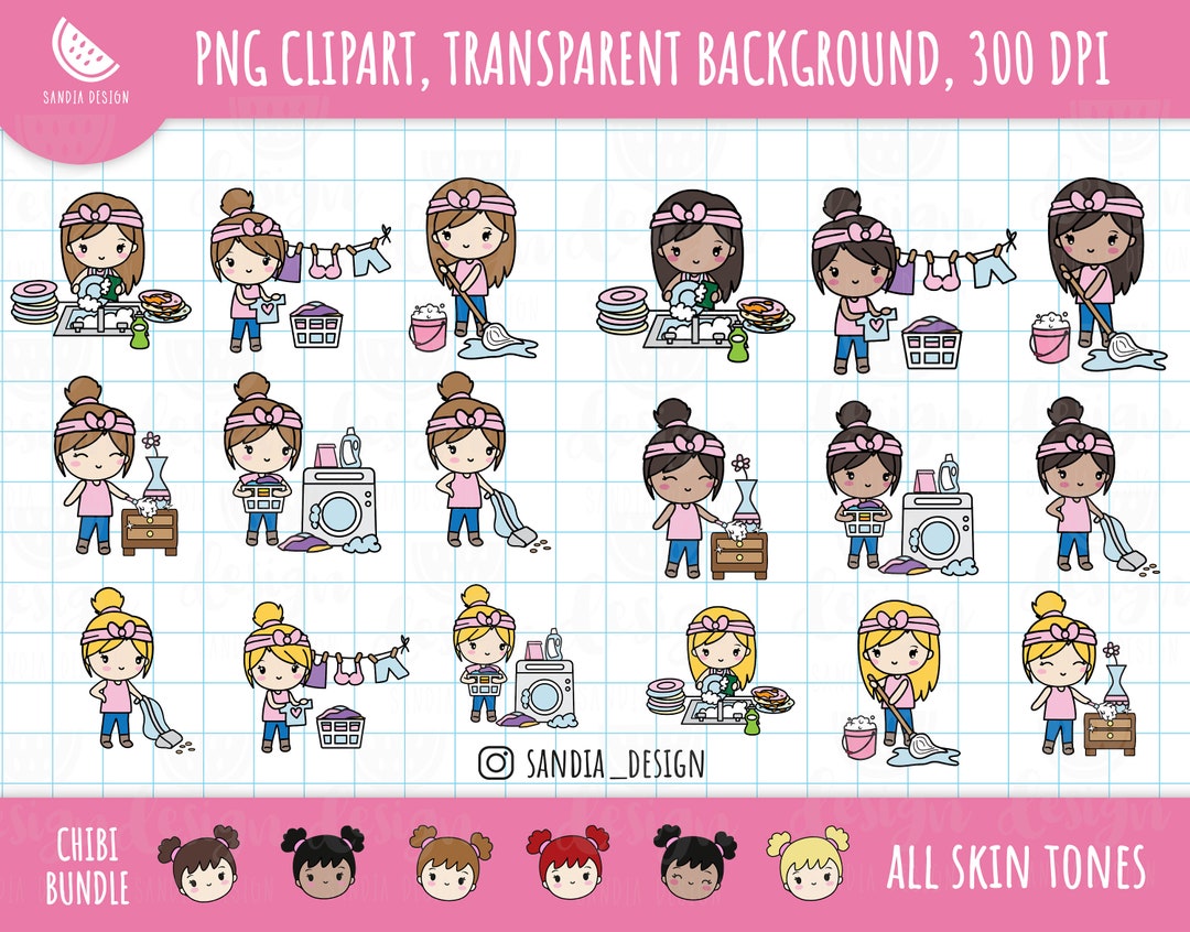 Chibi, Chibi Cleaning, Cleaning, Girls Bundle Clipart, All Skin and ...