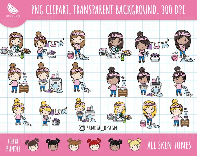 Chibi, Chibi Cleaning, Cleaning, Girls Bundle Clipart, All Skin and ...