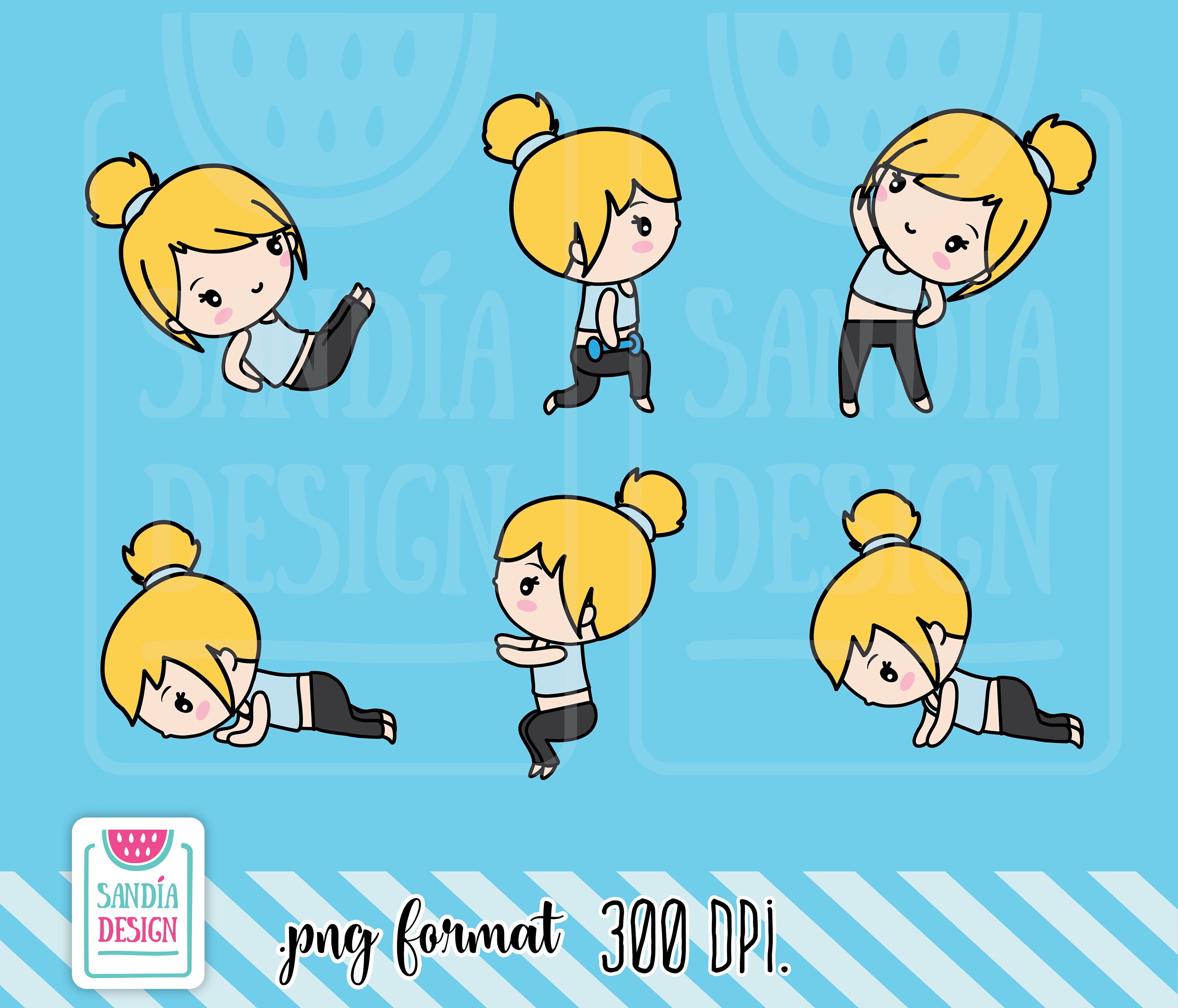Blond Fitness, Clipart, Chibi Girl, Personal and Commercial Use - Etsy