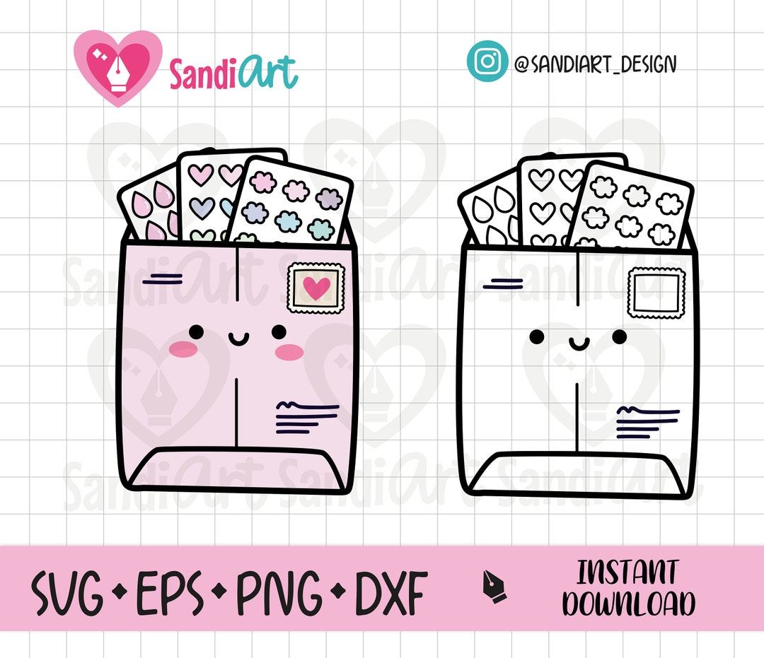 Cute Kawaii Happy Mail, Editable Files, SVG, EPS, PNG, Dxf, Outline ...