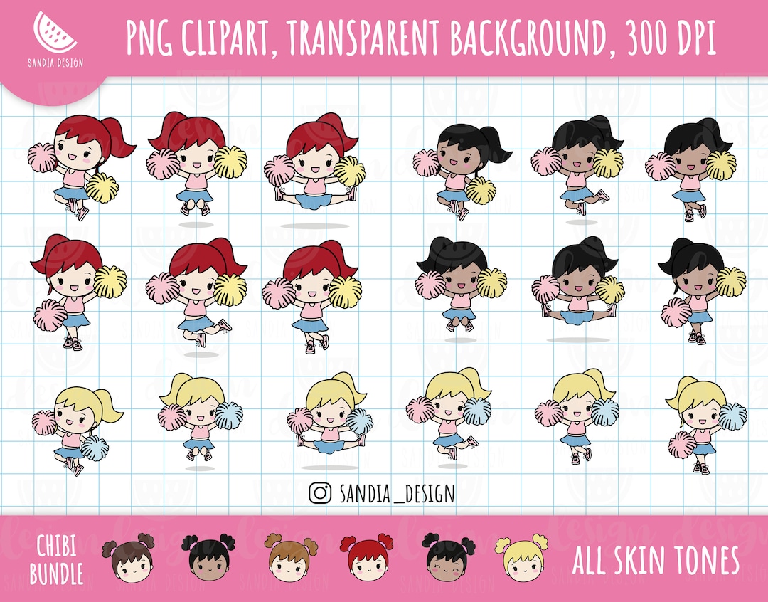 Chibi, Chibi Cheerleader, Yoga, Girls Bundle Clipart, All Skin and Hair ...