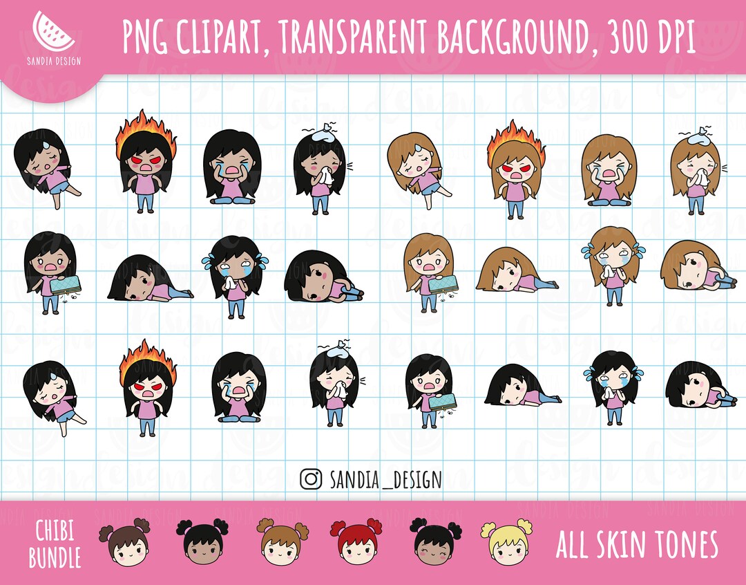 Chibi Feelings, Moods Girls Bundle Clipart, All Skin and Hair Tones ...