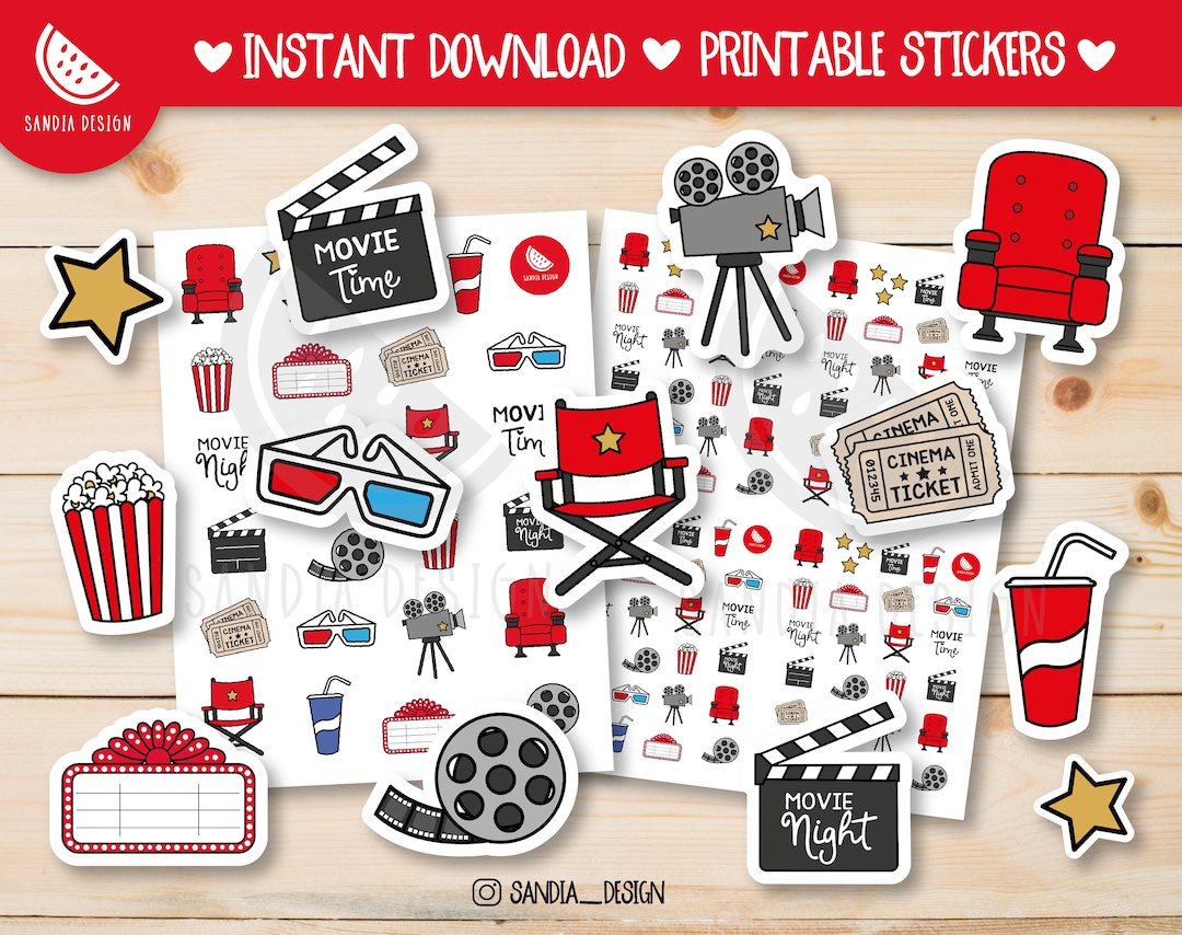 Printable Stickers Sheet, Printable Planner Stickers. Doodle Movie Time ...