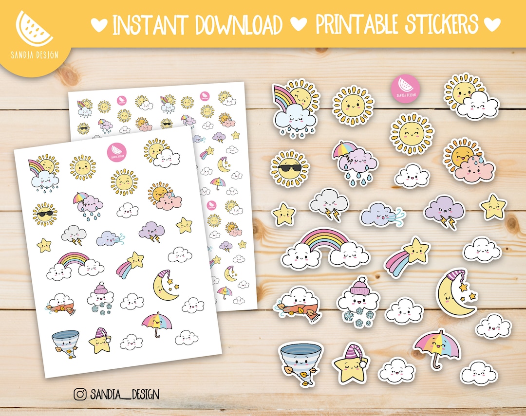 Printable Stickers Sheet, Printable Planner Stickers. Doodle Kawaii ...