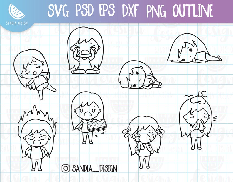 Chibi Feelings Set 3 Clip Art, Chibi Moods, Chibi Girl, SVG, Png, PSD ...