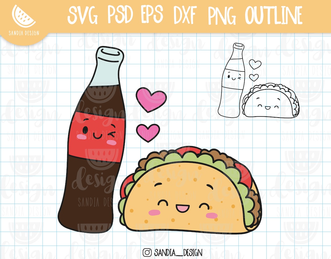 Cute Taquito With Coquita Couple, Taco and Soda, SVG, PNG, Psd, Outline ...