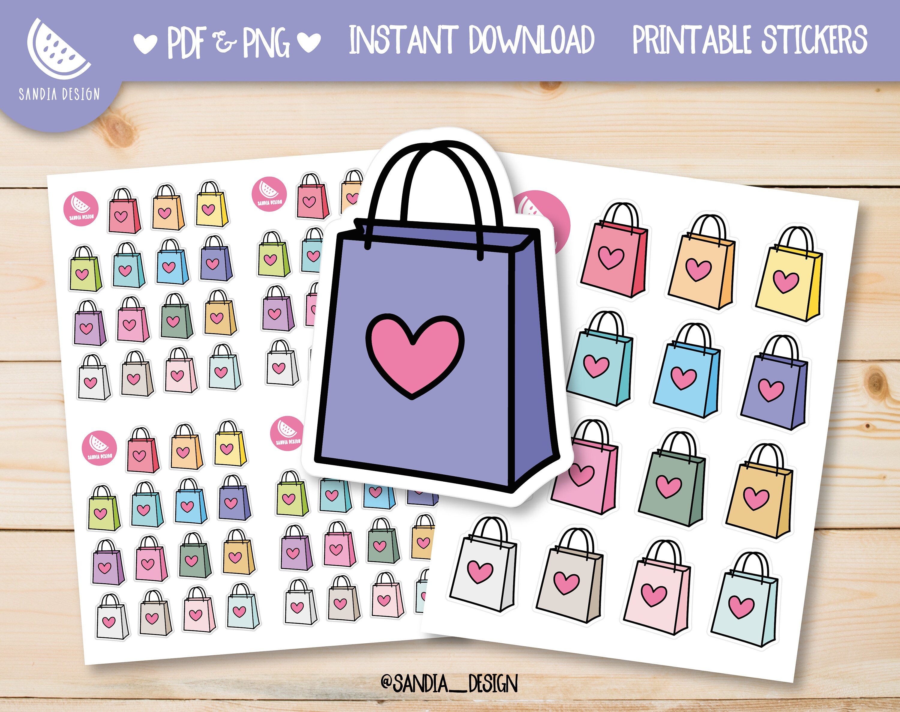 Printable Stickers Sheet, Printable Shopping Bag Stickers, Doodle ...