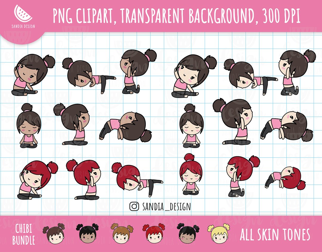 Chibi, Chibi Yoga, Yoga, Girls Bundle Clipart, All Skin and Hair Tones ...