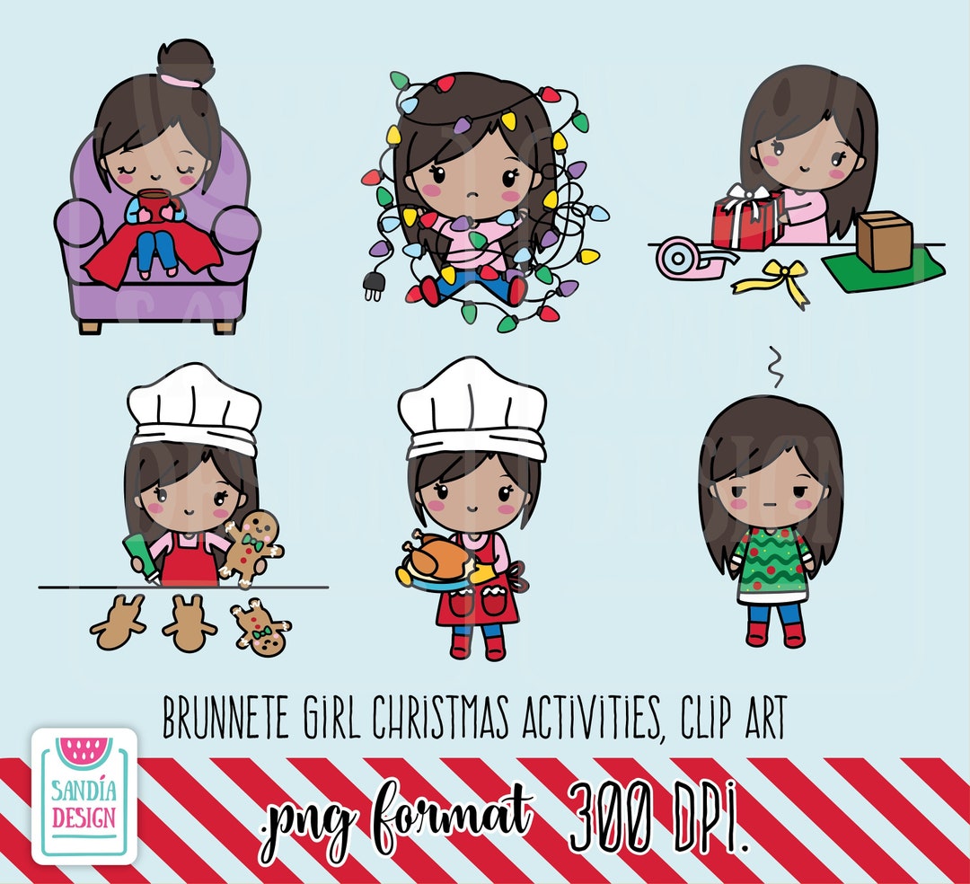 Brunette Christmas Girls, Set 2, Clipart, Chibi Girl, Personal and ...