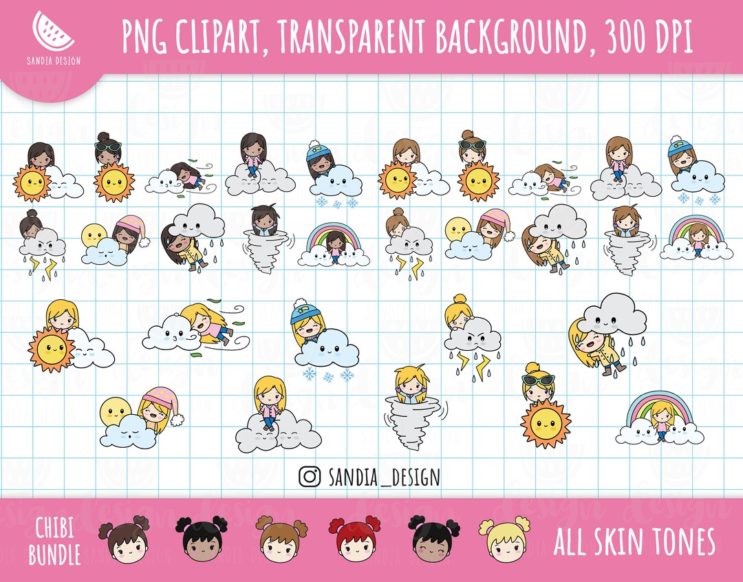 Weather, Chibi, Girls Bundle Clipart, All Skin and Hair Tones. Chibi ...