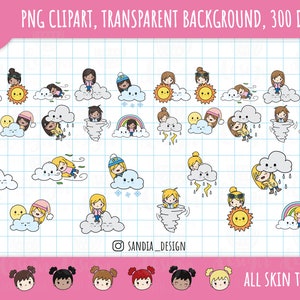 Weather, Chibi, Girls Bundle Clipart, All Skin and Hair Tones. Chibi ...