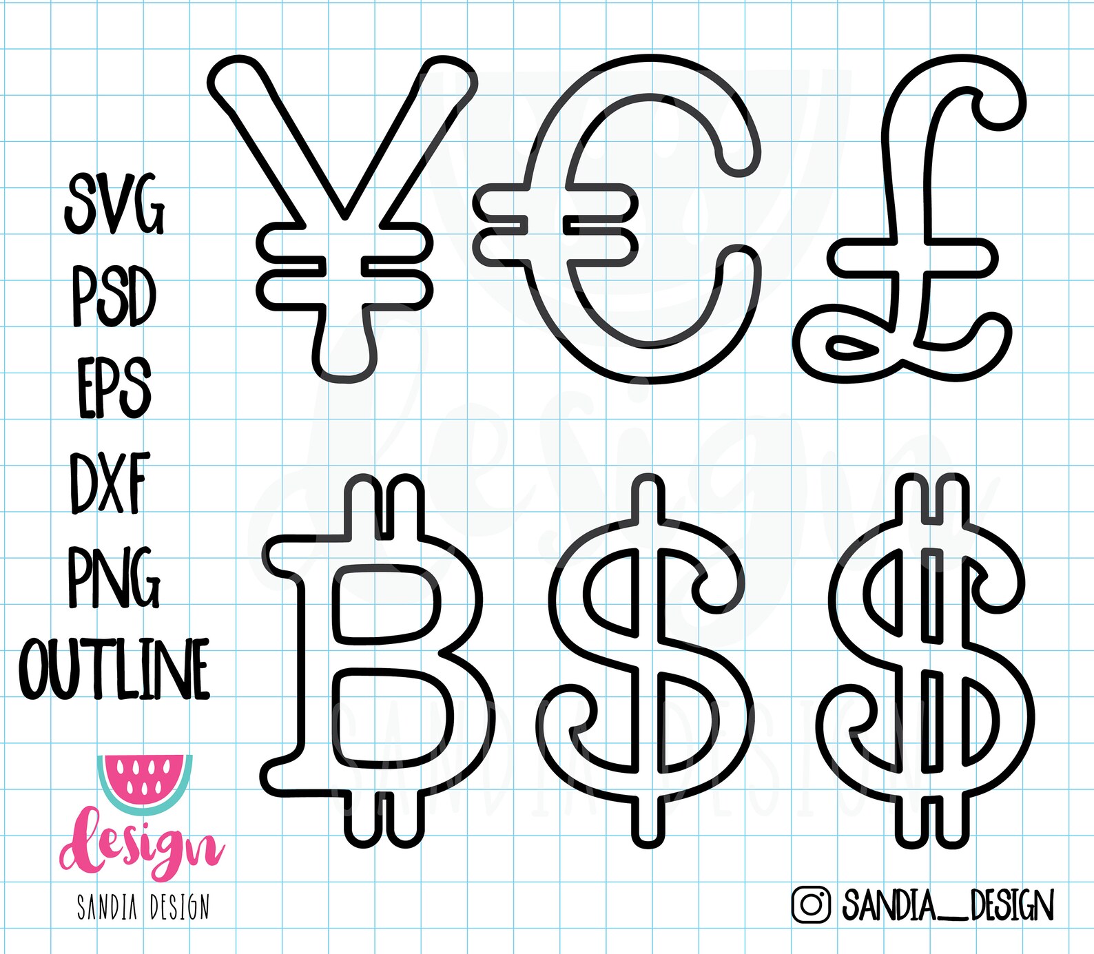 Doodle Currency SVG PNG PSD Outline Dollar Yen Peso - Etsy