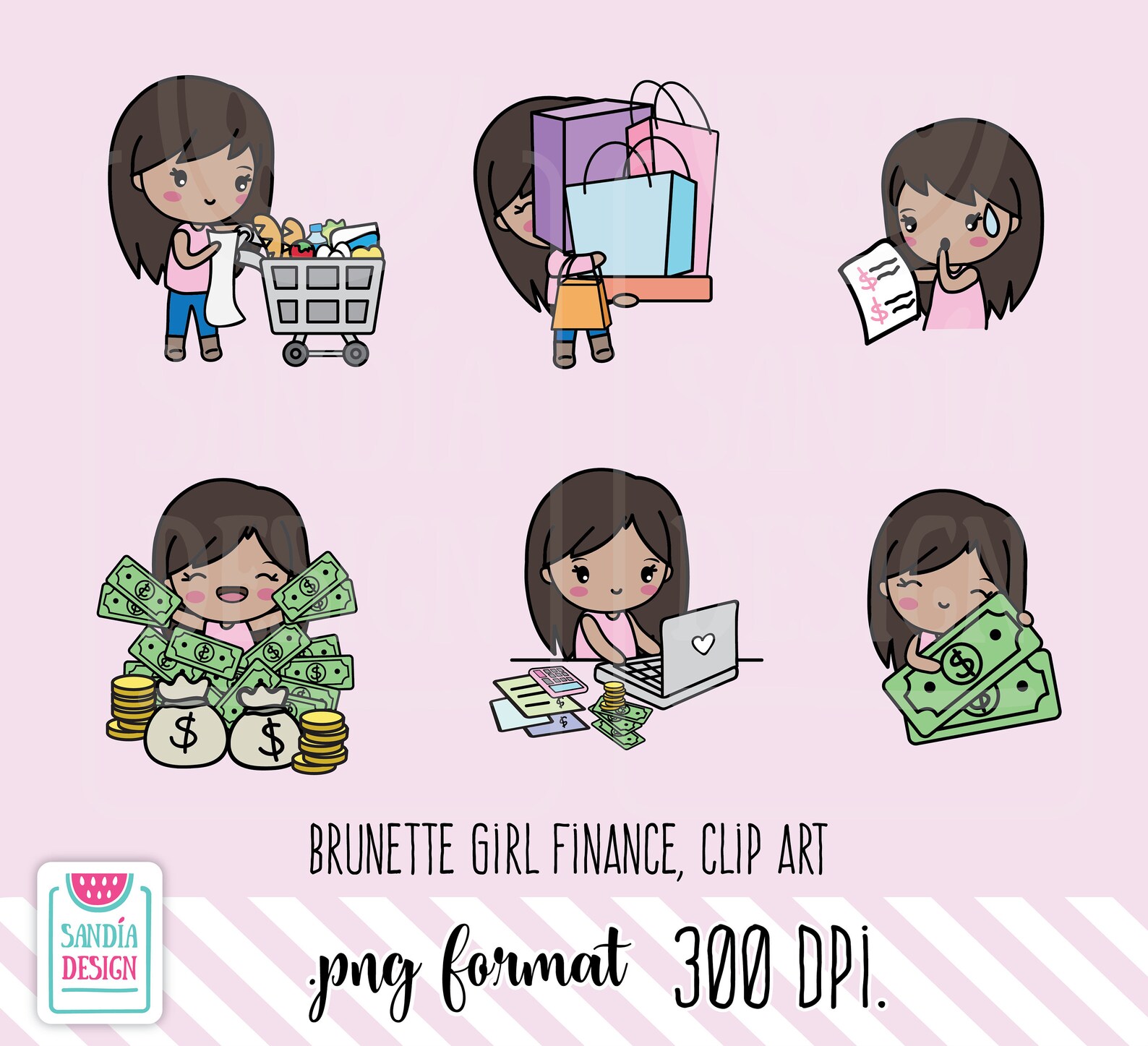 Brunette Girl Finance, Clipart, Chibi Girl, Personal and Commercial Use ...