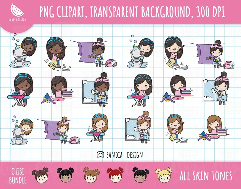 Chibi Chibi Chores Girls Bundle Clipart All Skin and Hair - Etsy