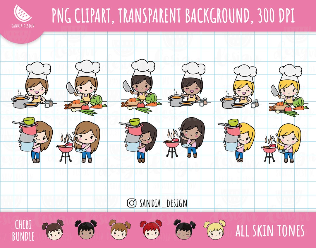 Chibi, Chibi Cooking, Cooking, Girls Bundle Clipart, All Skin and Hair ...